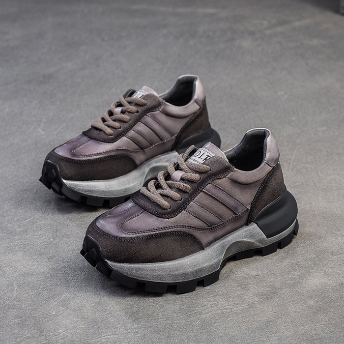 Women Retro Patchwork Leather Thick Soled Casual Shoes