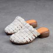 Women Handmade Plaited Leather Low Block Slides Sandals
