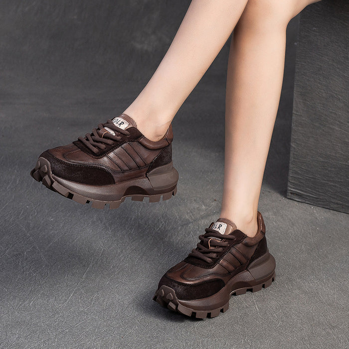 Women Retro Patchwork Leather Thick Soled Casual Shoes