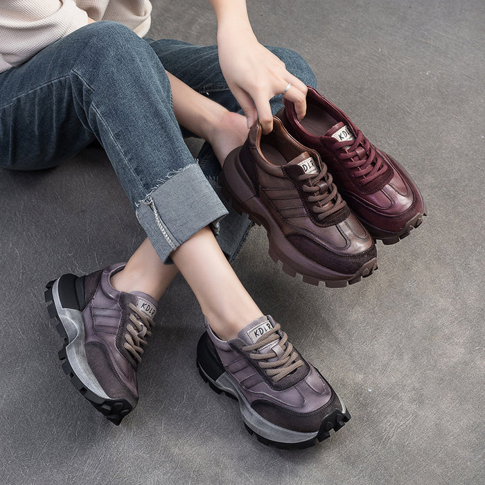 Women Retro Patchwork Leather Thick Soled Casual Shoes
