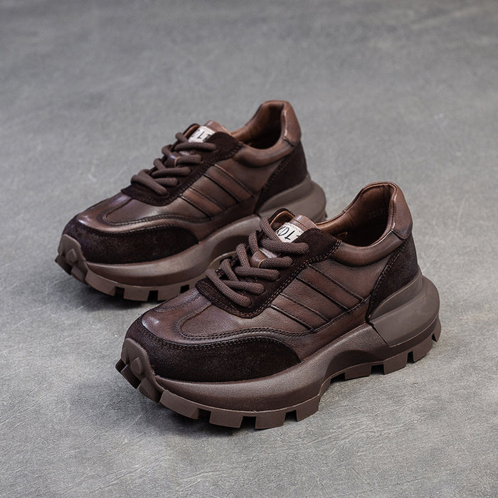 Women Retro Patchwork Leather Thick Soled Casual Shoes