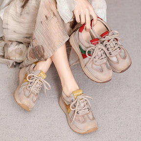 Women Fashion Patchwork Leather Hollow Mesh Casual Shoes