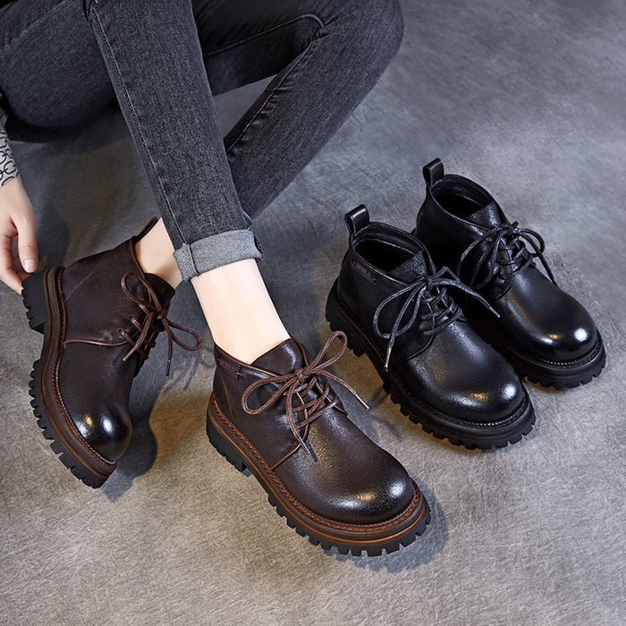 Women Retro Solid Leather Lug Sole Ankle Boots