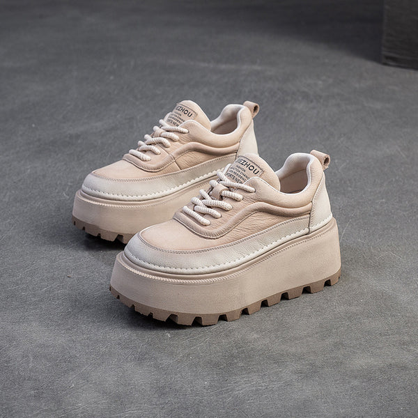 Women Retro Leather Chunky Platform Casual Shoes
