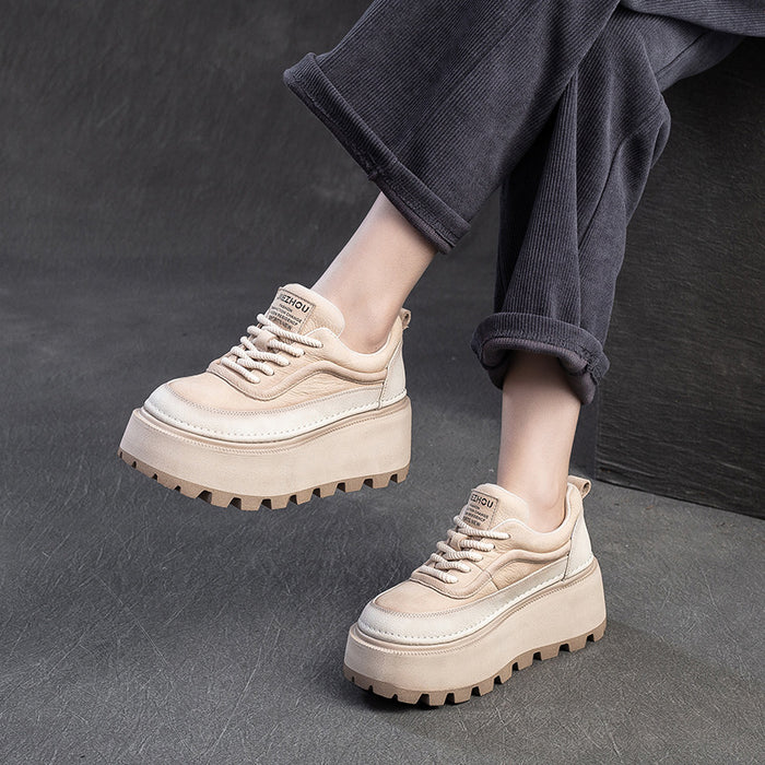 Women Retro Leather Chunky Platform Casual Shoes