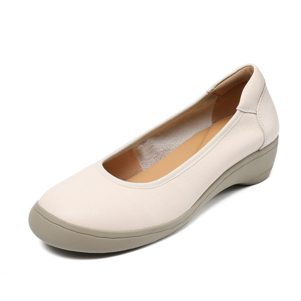 Women Simple Solid Leather Low Wedge Casual Shoes