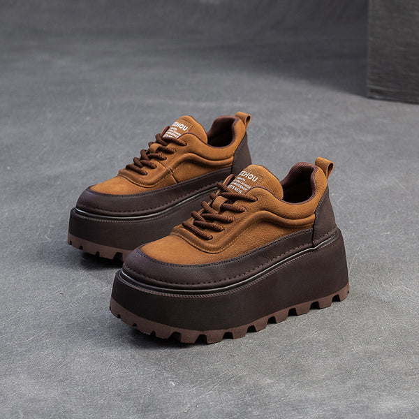 Women Retro Leather Chunky Platform Casual Shoes