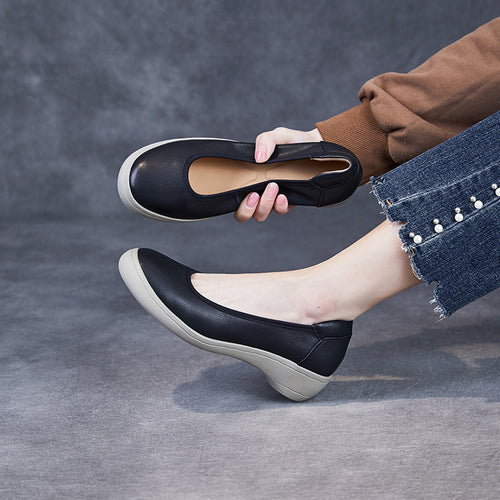Women Simple Solid Leather Low Wedge Casual Shoes