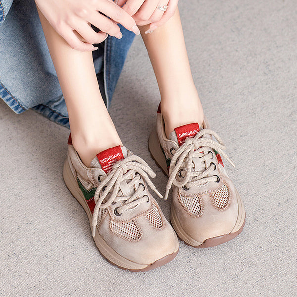 Women Fashion Patchwork Leather Hollow Mesh Casual Shoes