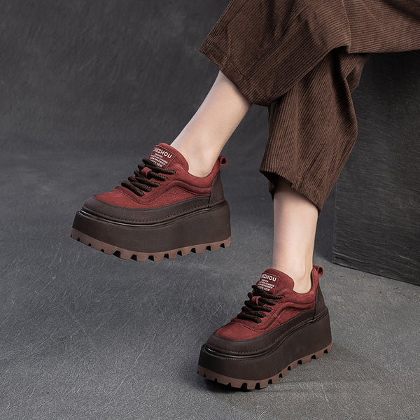 Women Retro Leather Chunky Platform Casual Shoes