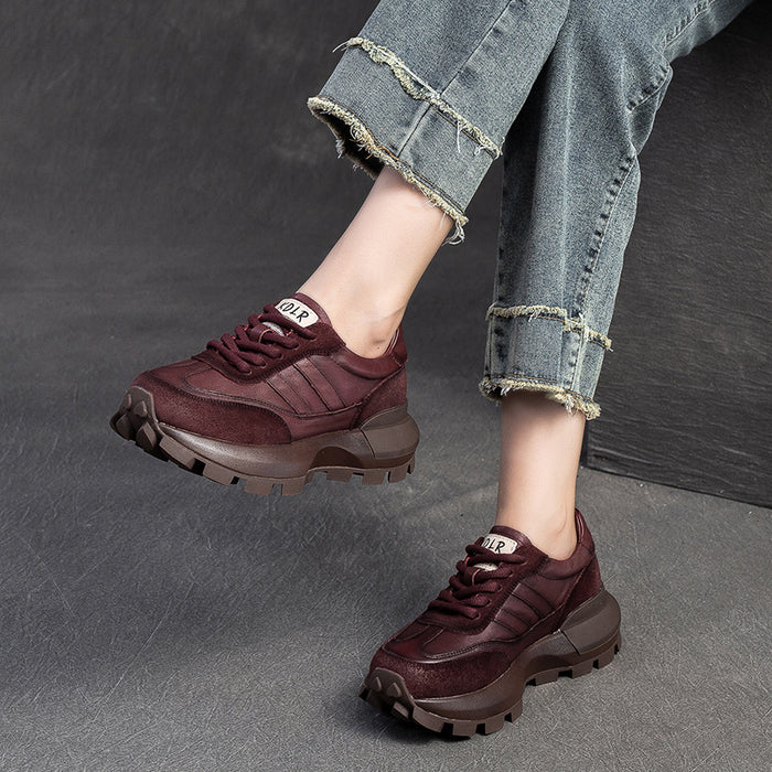Women Retro Patchwork Leather Thick Soled Casual Shoes