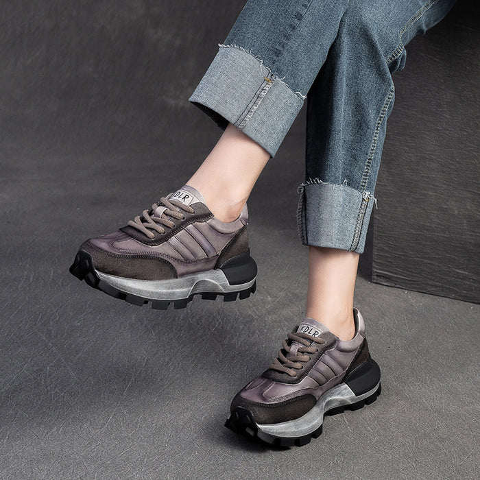 Women Retro Patchwork Leather Thick Soled Casual Shoes