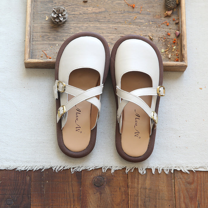 Women Retro Leather Casual Flat Slippers