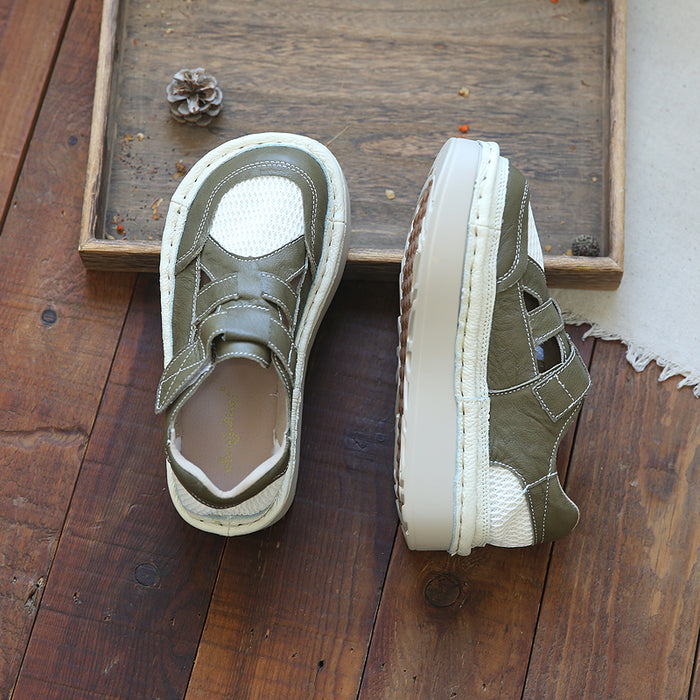 Women Casual Cowhide Mesh Patchwork Thick Soled Sandals