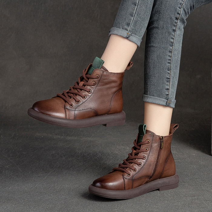 Women Retro Leather Casual Flat Ankle Boots
