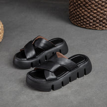 Women Retro Plaited Soft Leather Platform Slide Sandals
