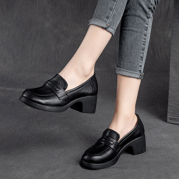 Women Retro Handcraft Soft Leather Chunky Heel Loafers