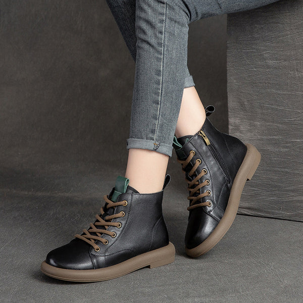 Women Retro Leather Casual Flat Ankle Boots
