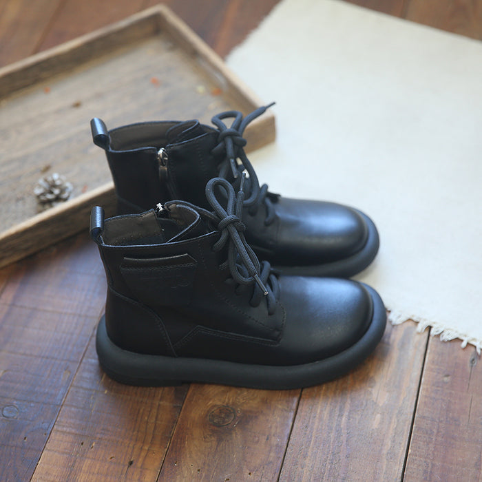 Women Retro Cowhide Round Head Boots